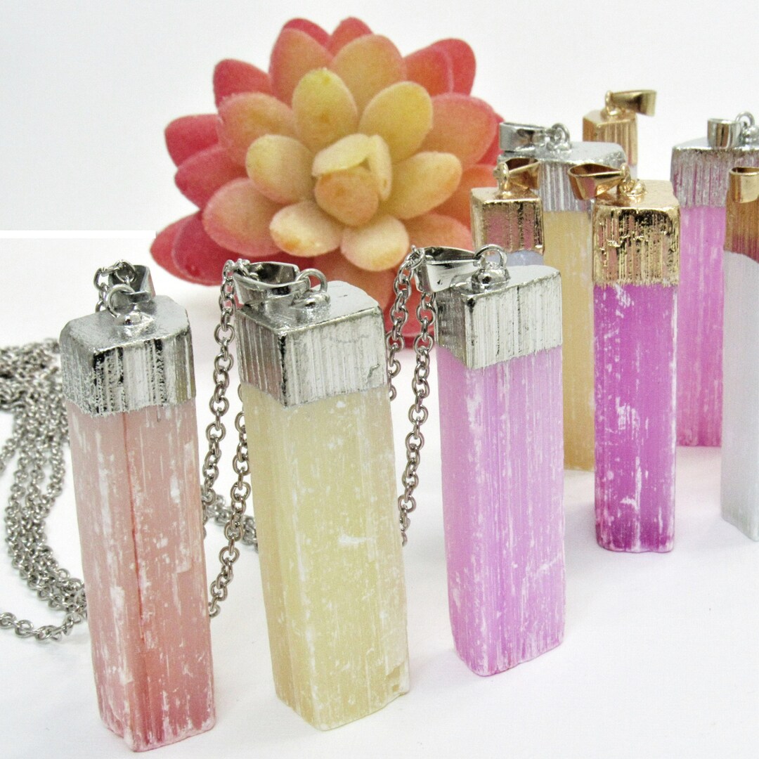 Long Selenite Necklace, Big Boho Raw Selenite Pendant, Pink Selenite ...