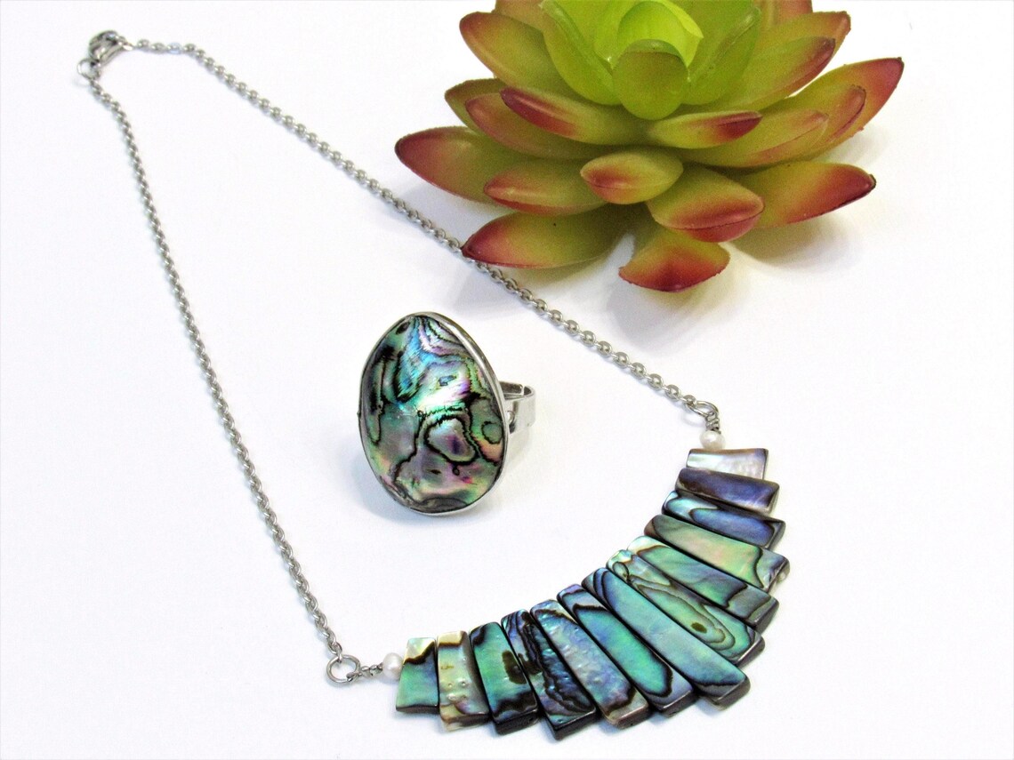Abalone Shell Jewely Set, Natural Abalone Bib Necklace, Boho Abalone ...