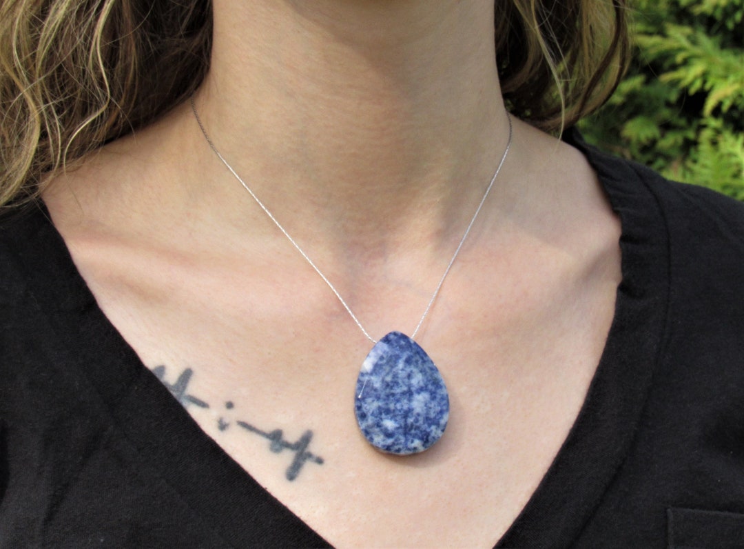 Blue Spot Jasper Necklace, Big Crystal Teardrop Pendant, Blue Gemstone ...