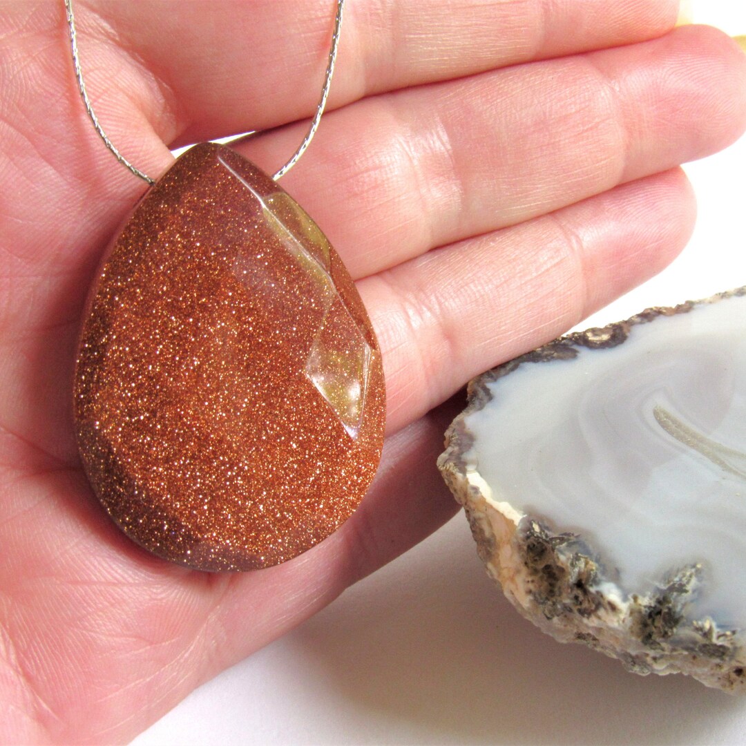 Big Goldstone Necklace, Teardrop Goldstone Pendant, Orange Natural ...