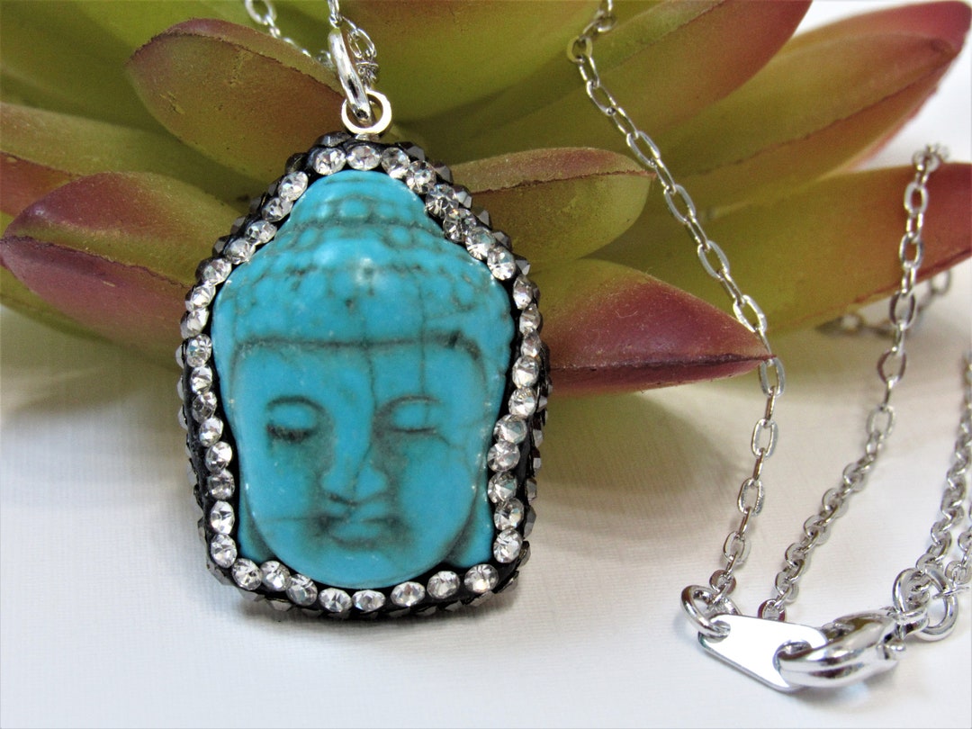 Turquoise Buddha Head Necklace, Yoga Gift, Guanyin Pendant Tibetan ...