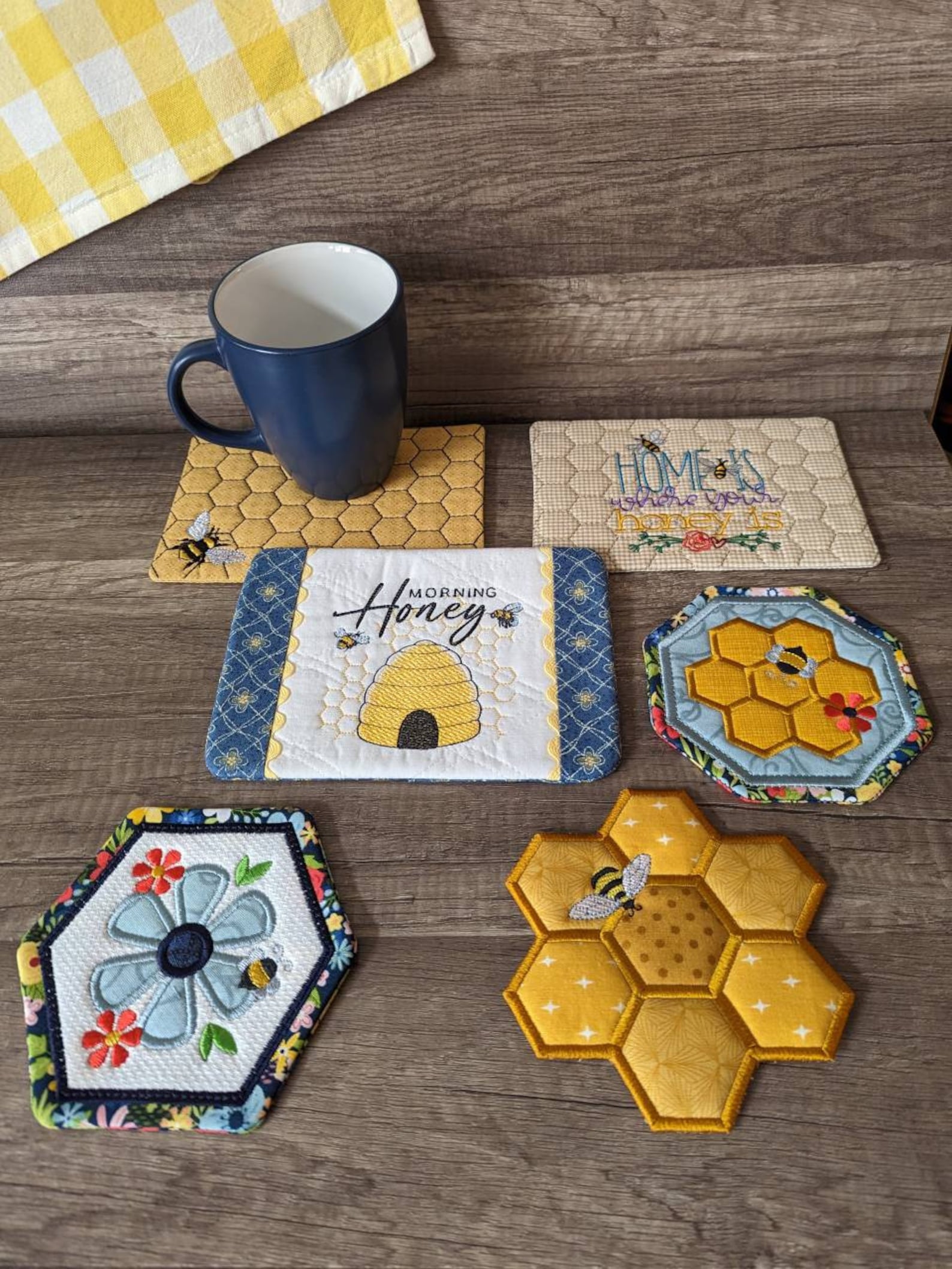 Embroidered Mug Rug, Mug Rug, Coasters, Trivet, Honeycomb Bee Mug Rug ...