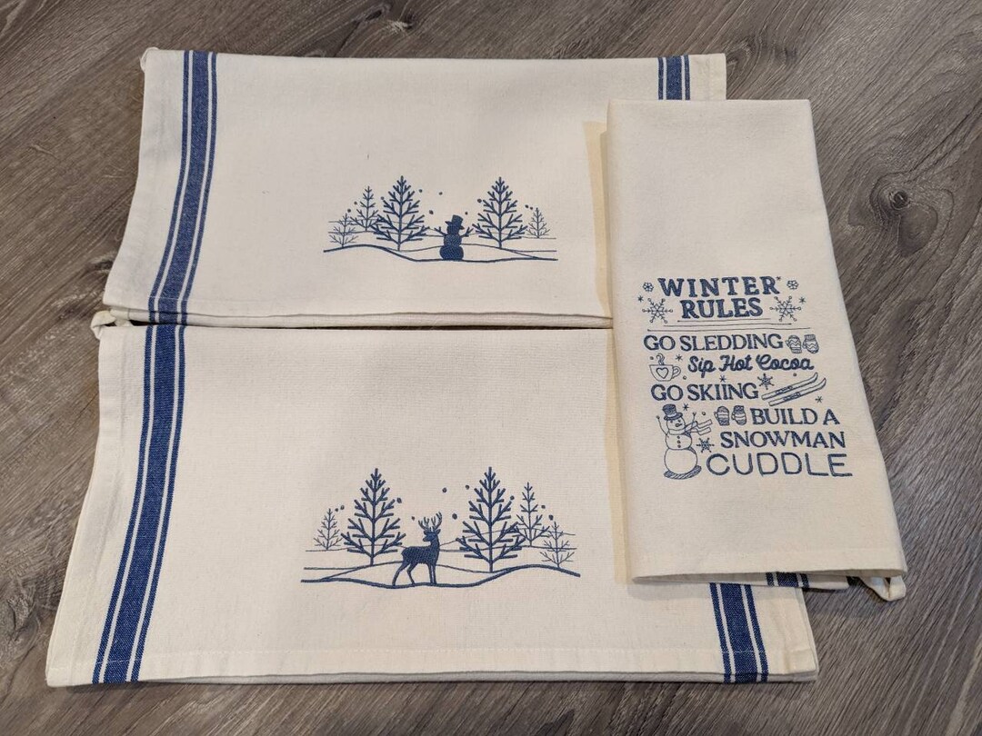 Winter Towels, Embroidered Kitchen Towel, Winter Landscape, Deer, Fox ...