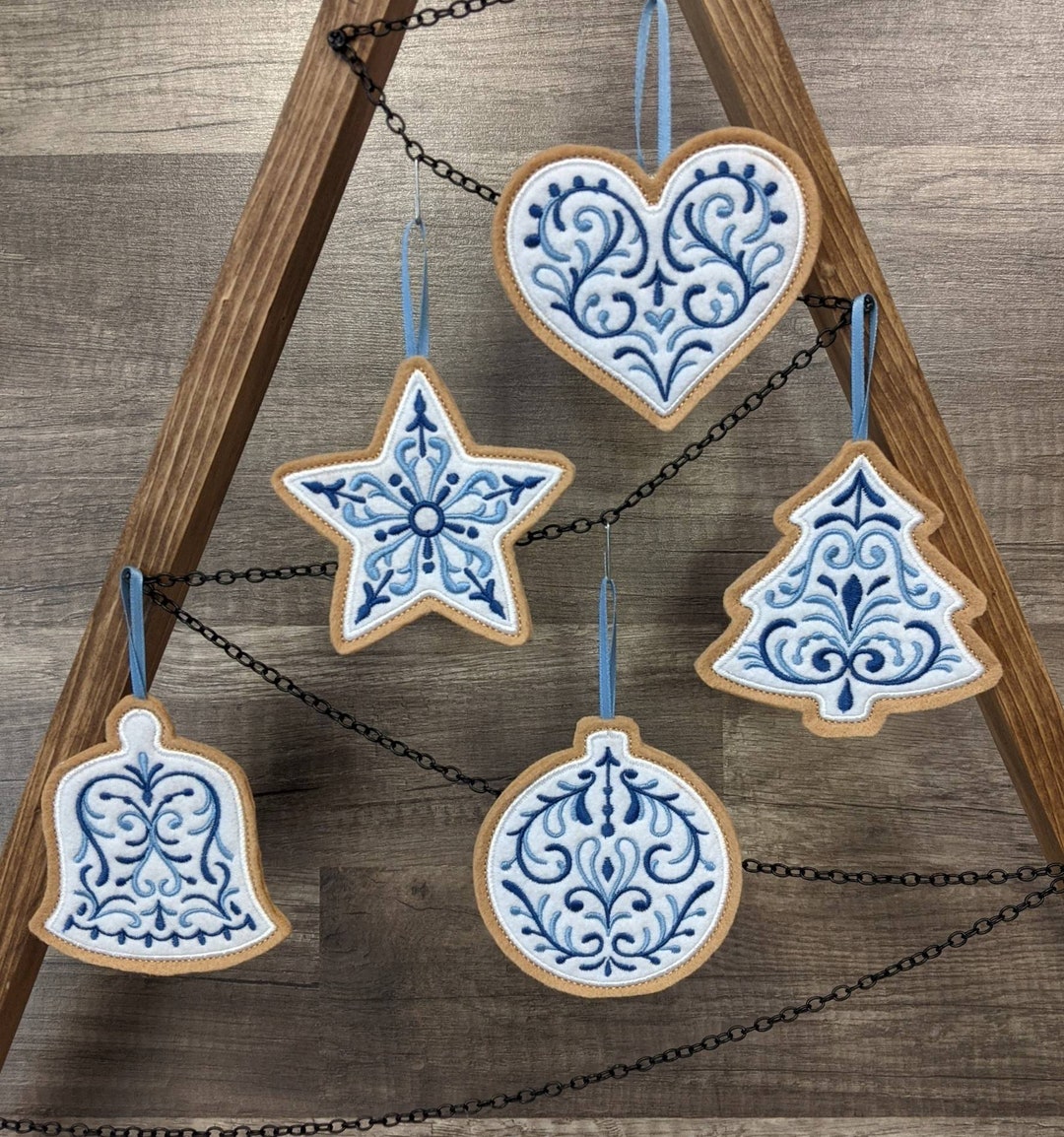 Delft Blue Embroidered Christmas Ornaments: Felt Heart, Star, Tree ...