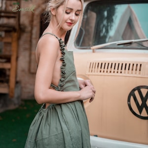 Olive Green Backless Apron Linen Dress /small Ruffles on the Sides ...