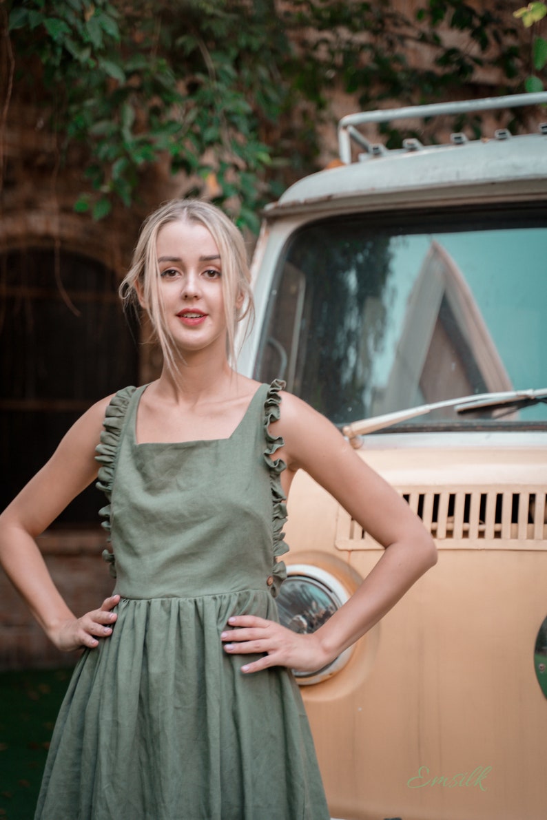 Olive Green Backless Apron Linen Dress /small Ruffles on the - Etsy