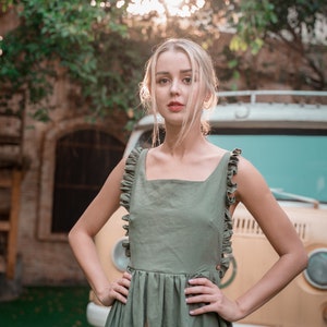 Olive Green Backless Apron Linen Dress /small Ruffles on the Sides ...
