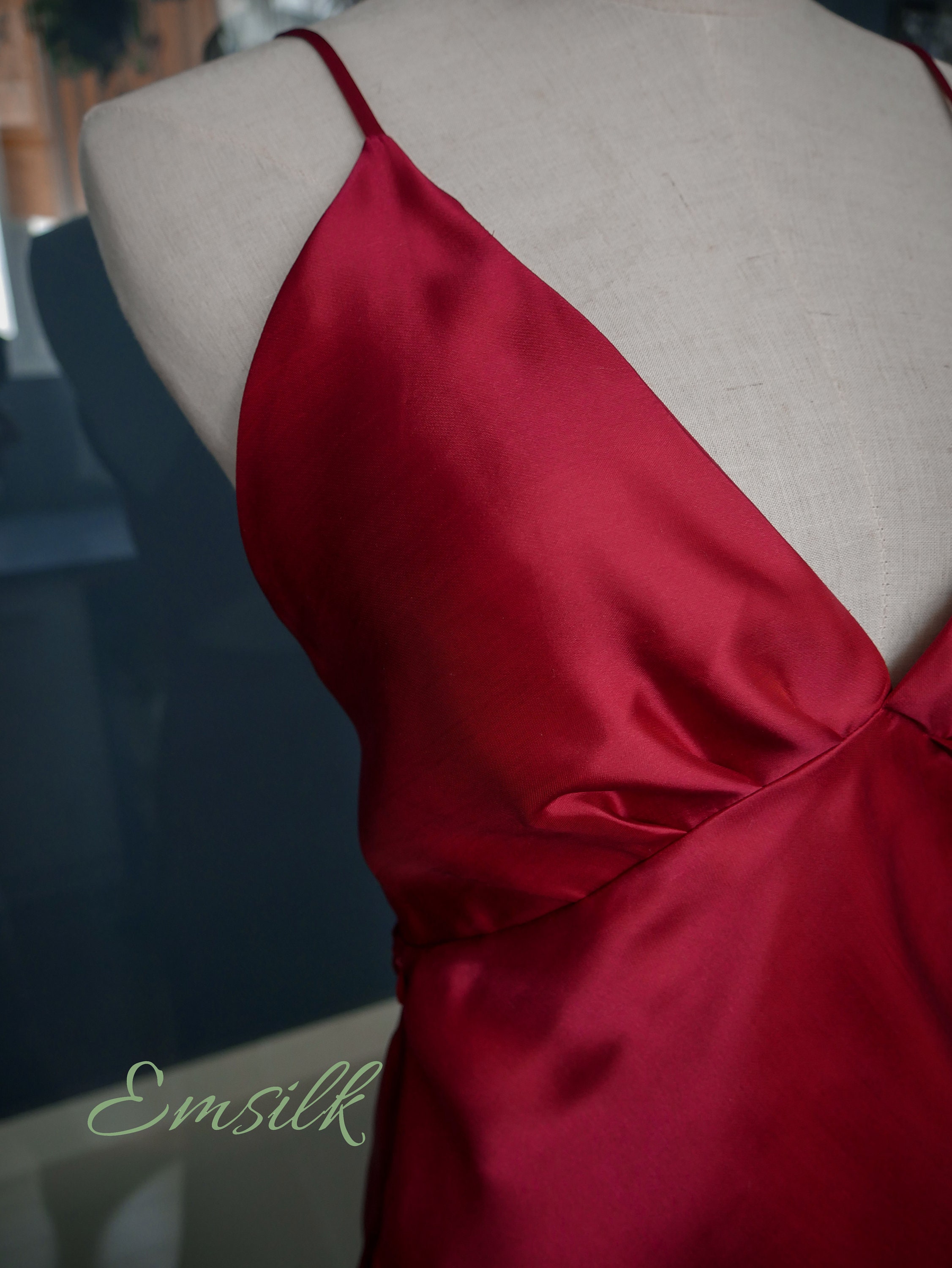Burgundy red silk slip dress/100% pure mulberry silk/Deep V | Etsy