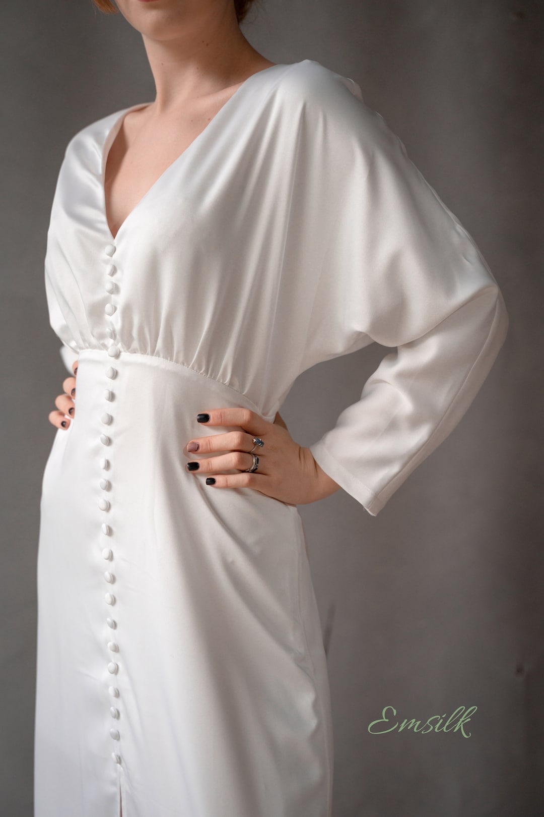 Ivory Bat Long Sleeves Silk Dress/luxury 100% Pure Mulberry Silk ...