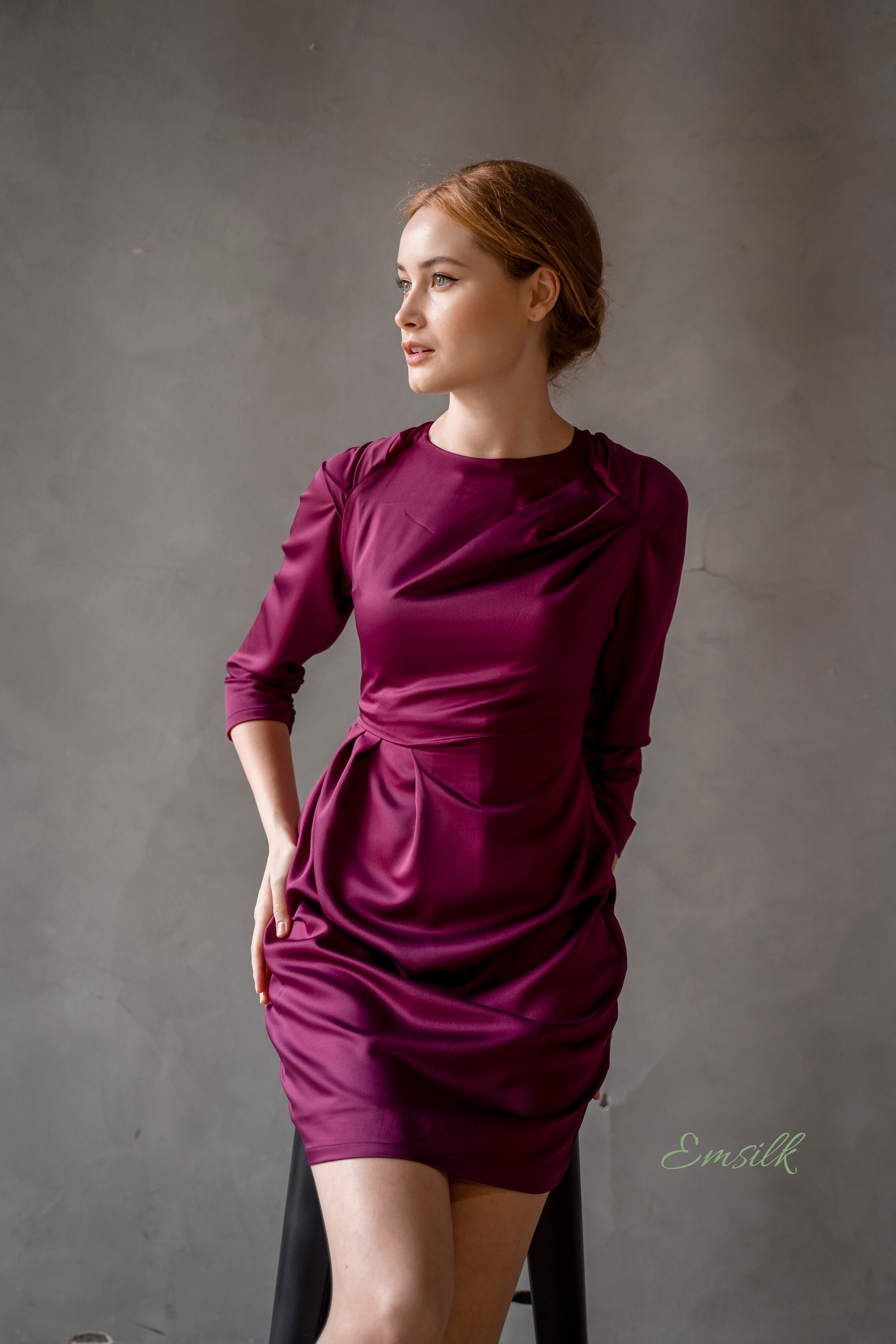 Plum purple draped silk dress/Luxury 100% pure mulberry/work | Etsy