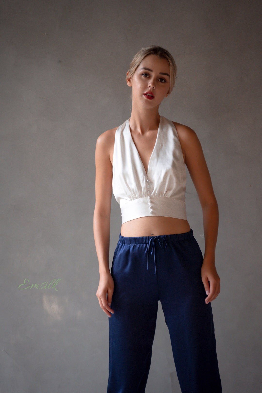 100% Silk Set/street Style/long Pants and Top/silk Pants/ White Crop ...