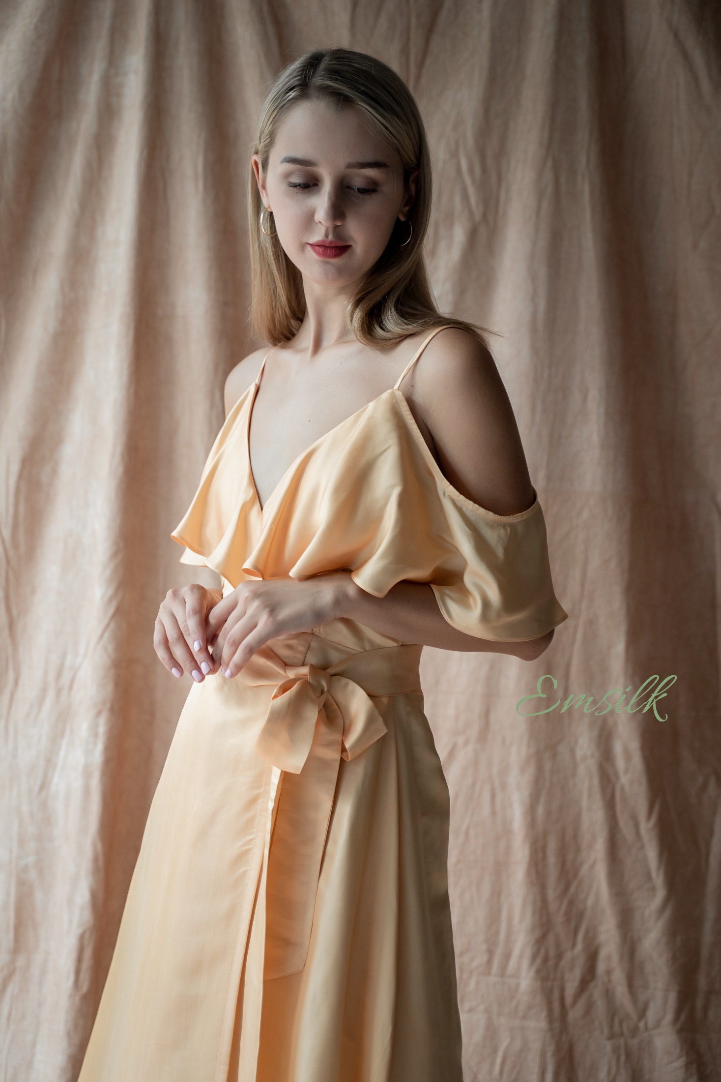 Yellow off shoulder ruffle wrap silk dress/100% pure mulberry | Etsy