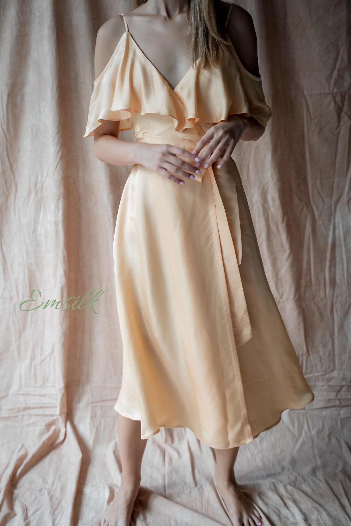 Yellow off shoulder ruffle wrap silk dress/100% pure mulberry | Etsy