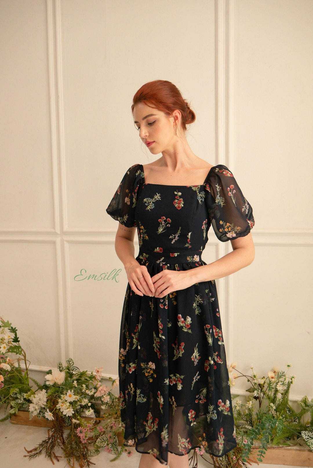 Navy Floral off Shoulder Chiffon Dress/summer Chiffon Dress/floral ...