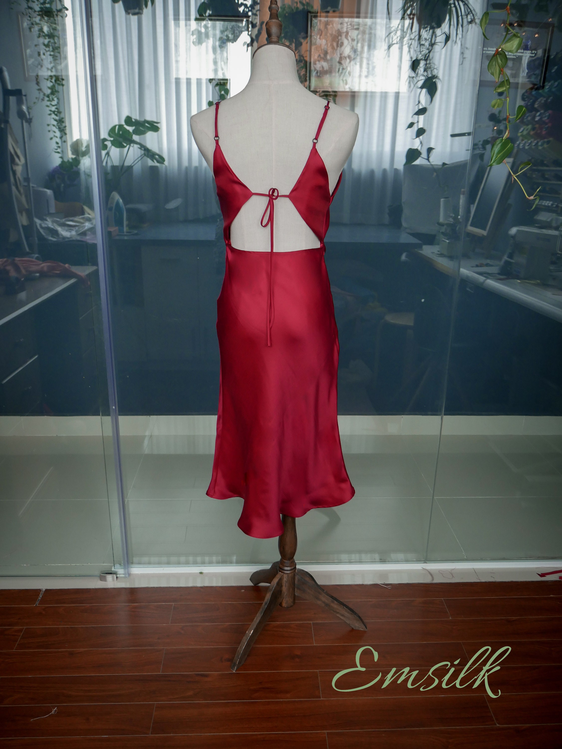 Burgundy red silk slip dress/100% pure mulberry silk/Deep V | Etsy