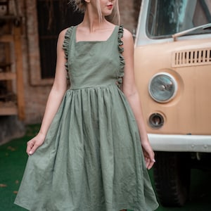 Olive Green Backless Apron Linen Dress /small Ruffles on the Sides ...