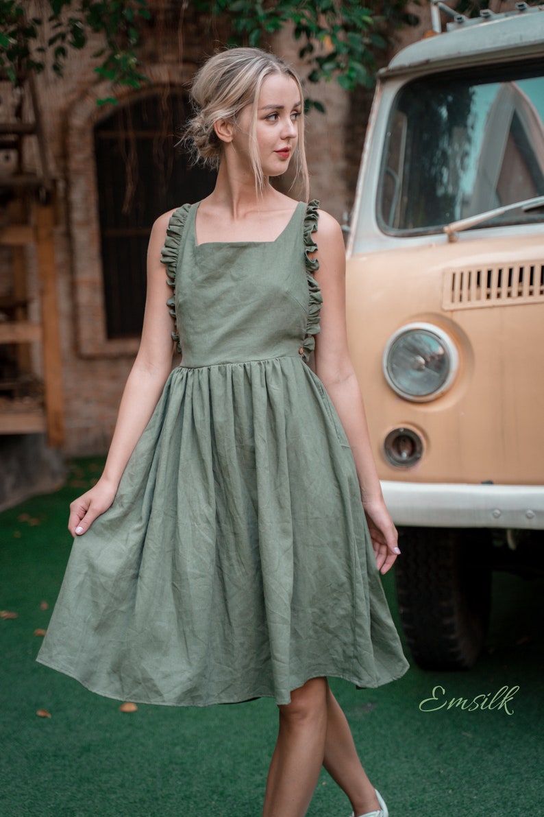 Olive Green Backless Apron Linen Dress /small Ruffles on the - Etsy