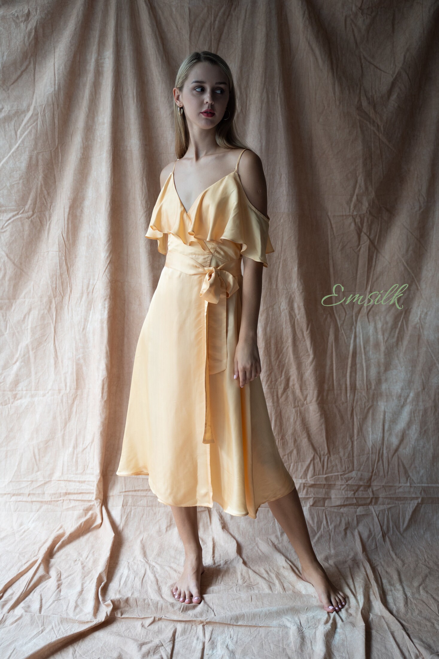 Yellow off shoulder ruffle wrap silk dress/100% pure mulberry | Etsy