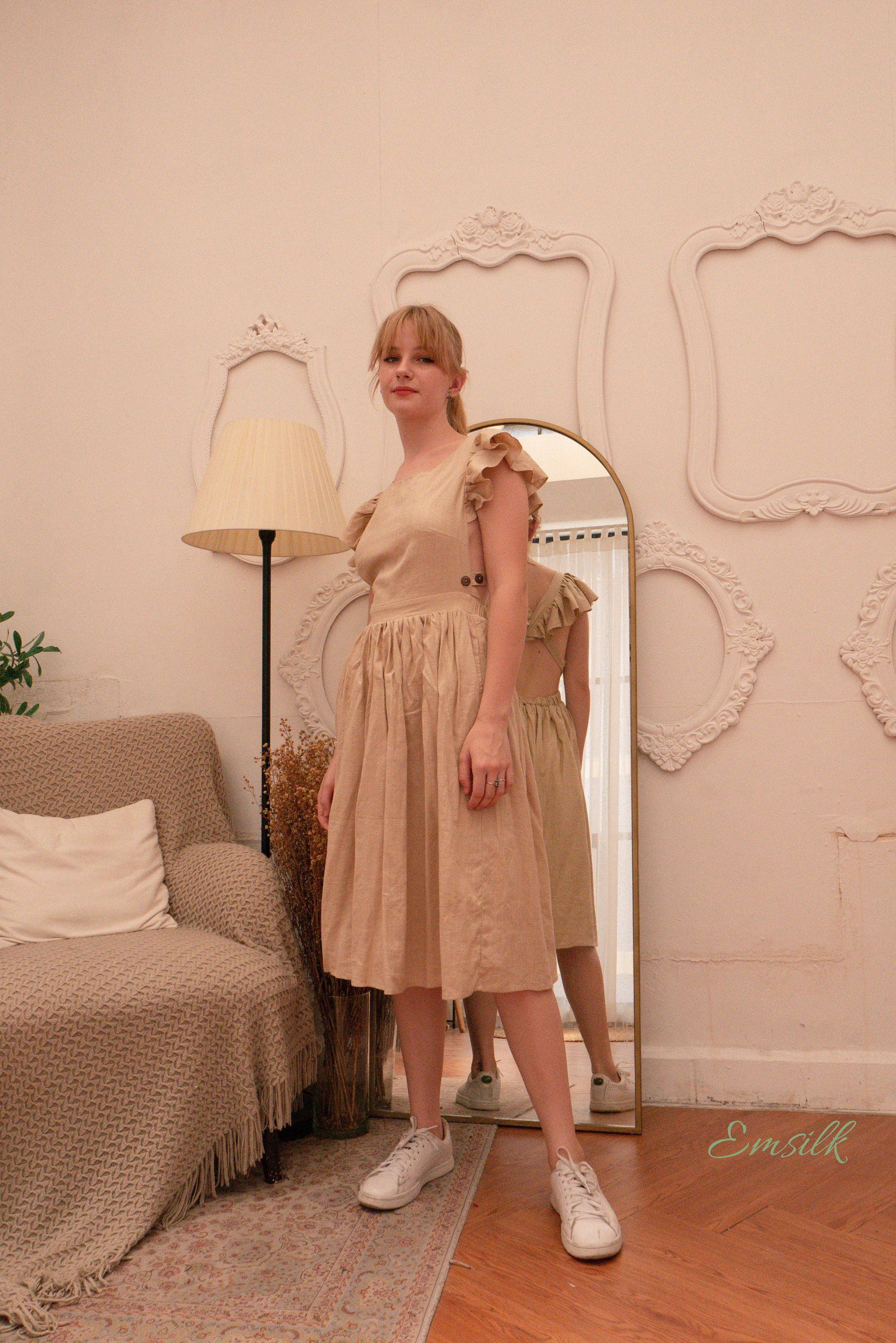 Beige Backless Apron Linen Dress /ruffles on the Sides/linen | Etsy