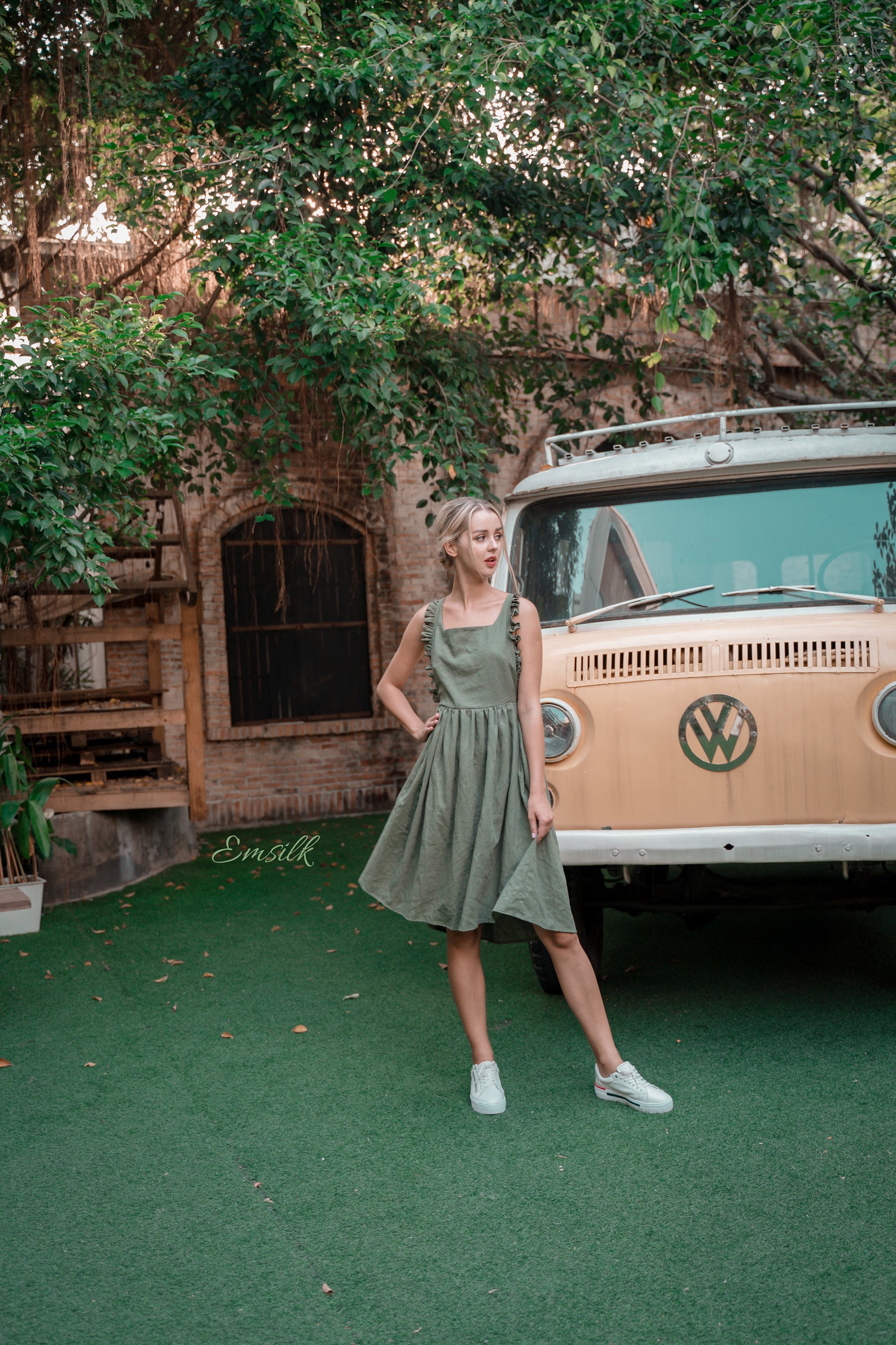 Olive green Backless apron Linen dress /small ruffles on the | Etsy