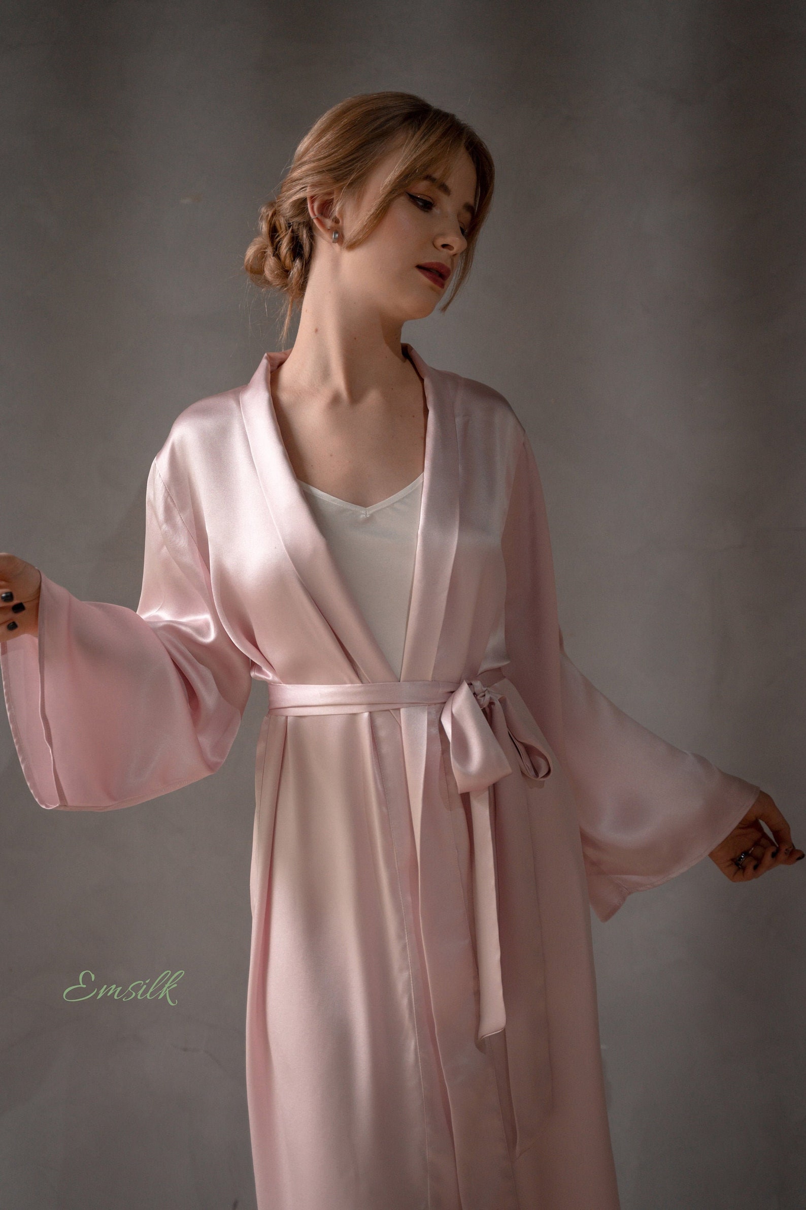 Pale Pink 100% Pure Silk Robe/pure Charmeuse Silk Kimono Robe - Etsy