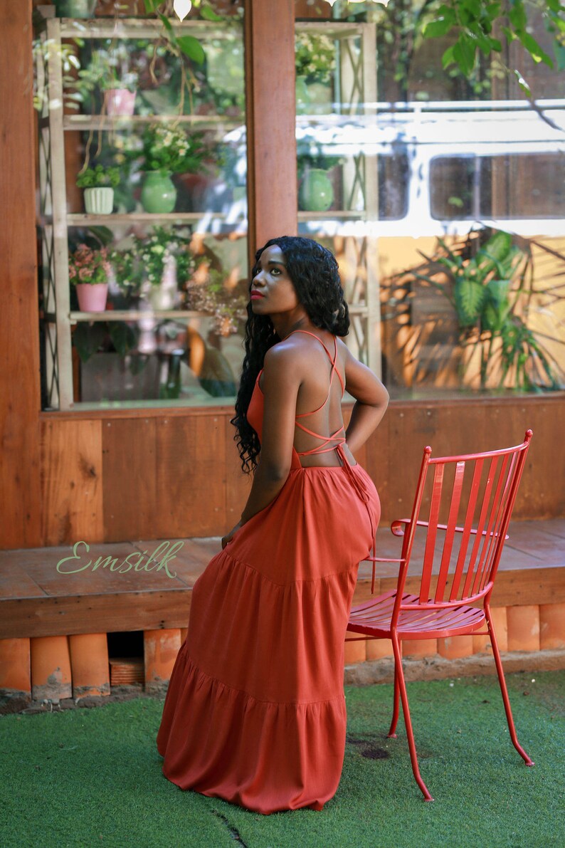 Rust Orange Backless Linen Dress /linen Summer Dress/ Washed - Etsy