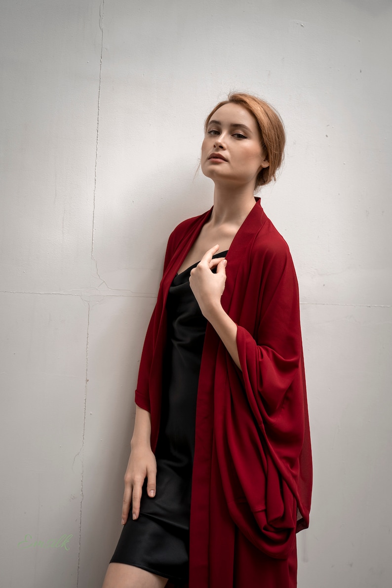 Burgundy Red Chiffon Robe/Kimono robe for wedding/Bridal | Etsy