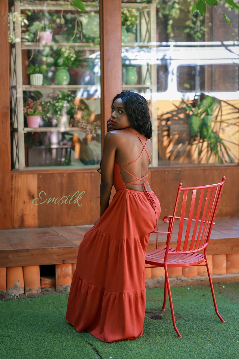 Rust Orange Backless Linen Dress /linen Summer Dress/ Washed - Etsy
