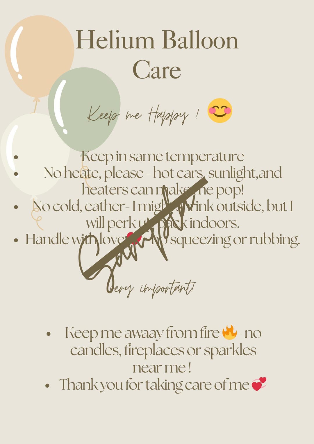 Digital Download Helium Balloon Care List, Flyer , Digital Care Design ...