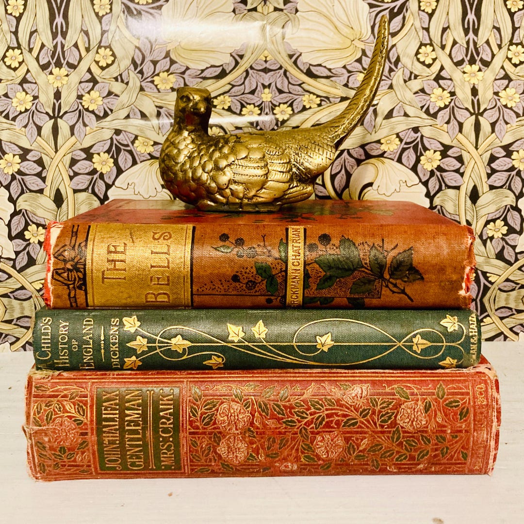 Set of 3 Classic Victorian Books Red and Green Christmas Bookstack Antique Floral Vintage ...