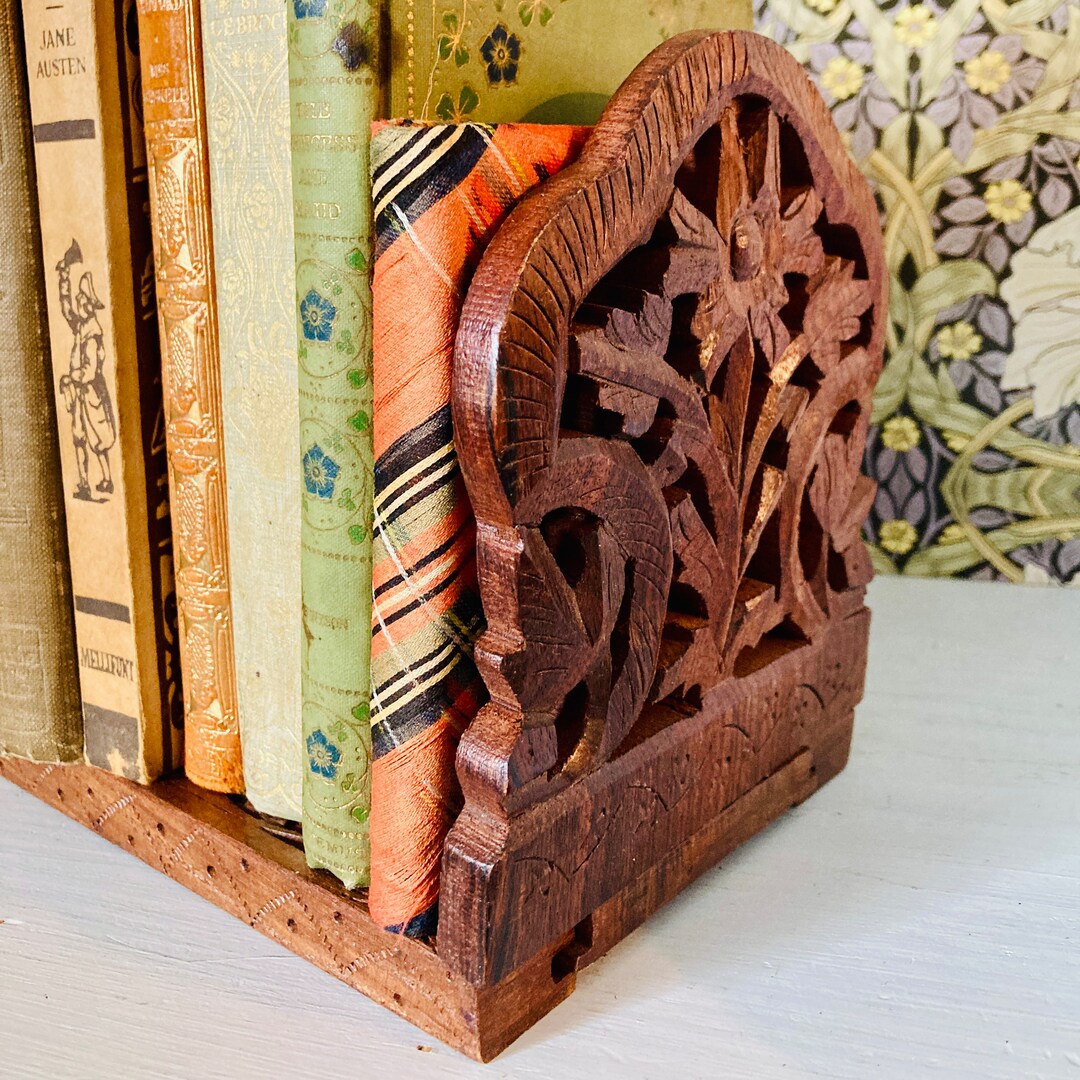 Vintage Wooden Book Rack Folding Adjustable Sliding Bookends Carved ...