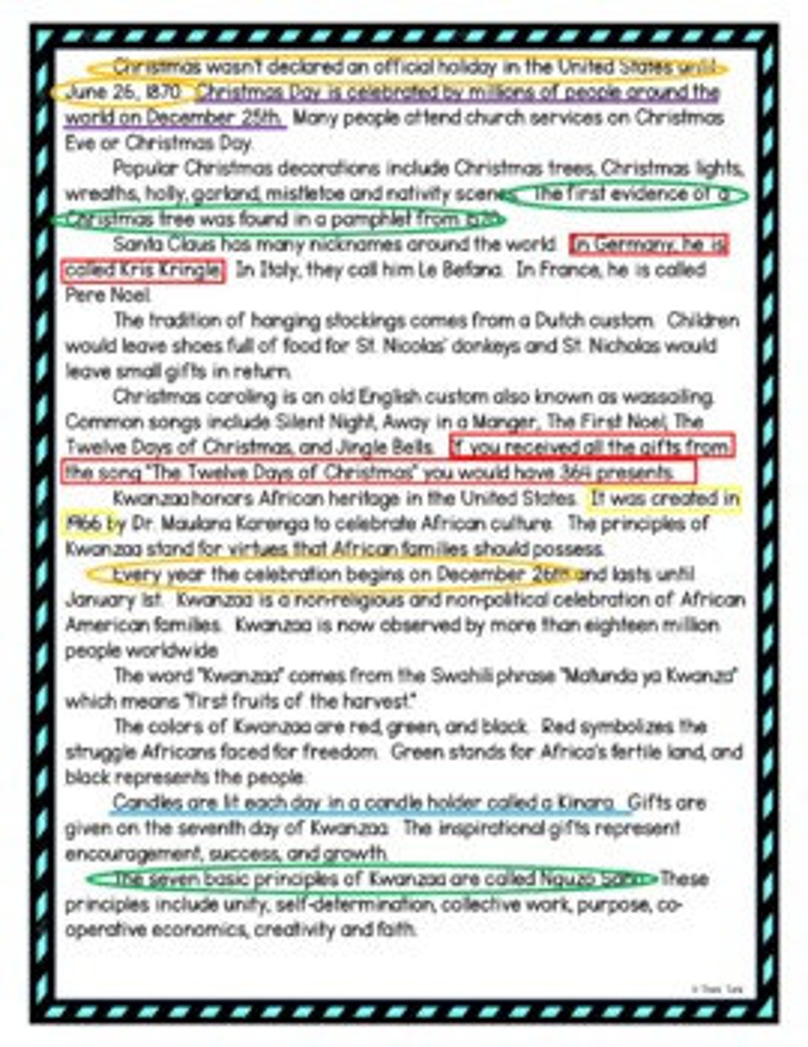 Christmas, Hanukkah & Kwanzaa Color by Number, Reading Passage and Text ...