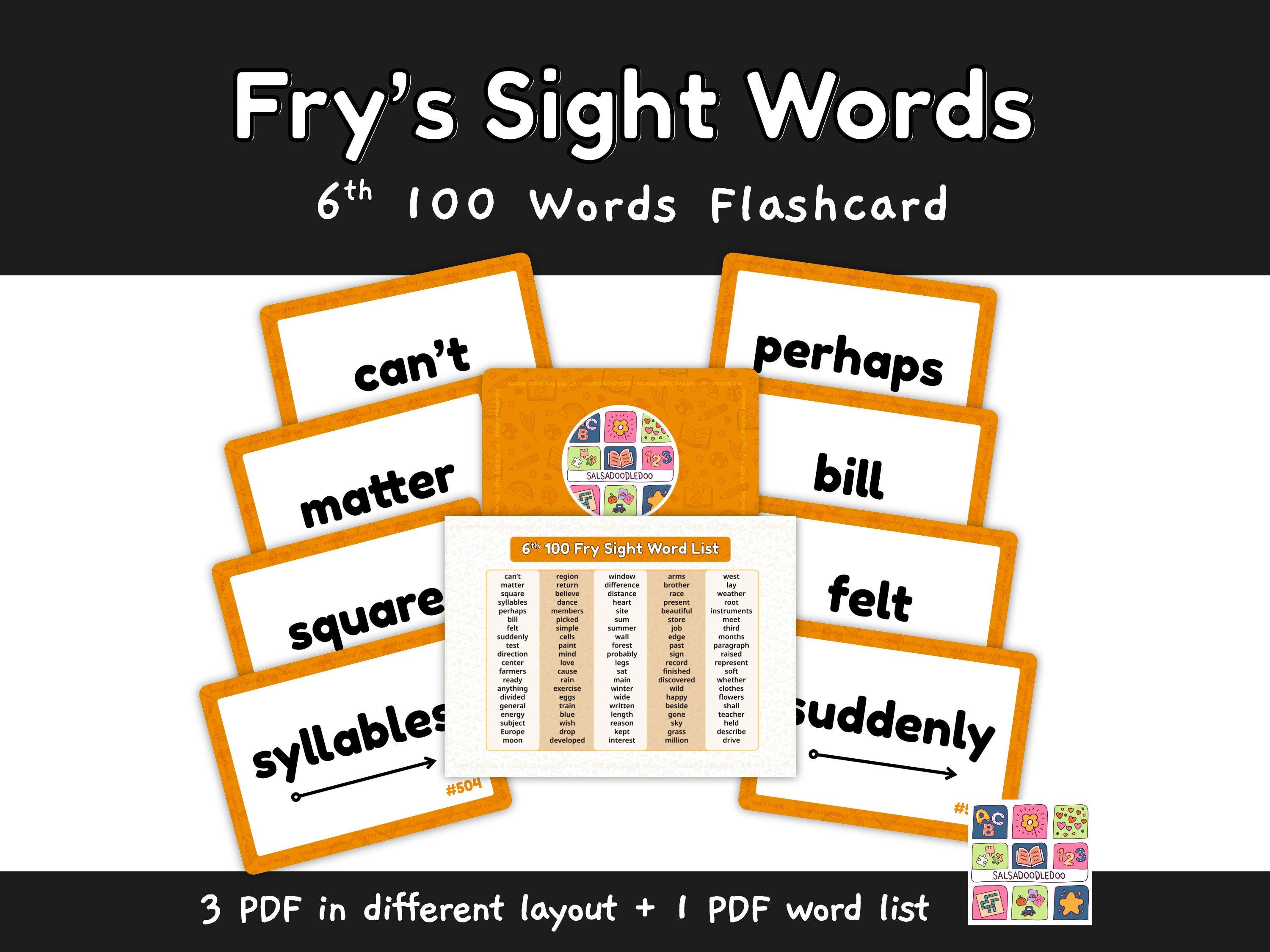 6th Hundred Fry Sight Words Flashcards, Numbered by Frequency, Full ...