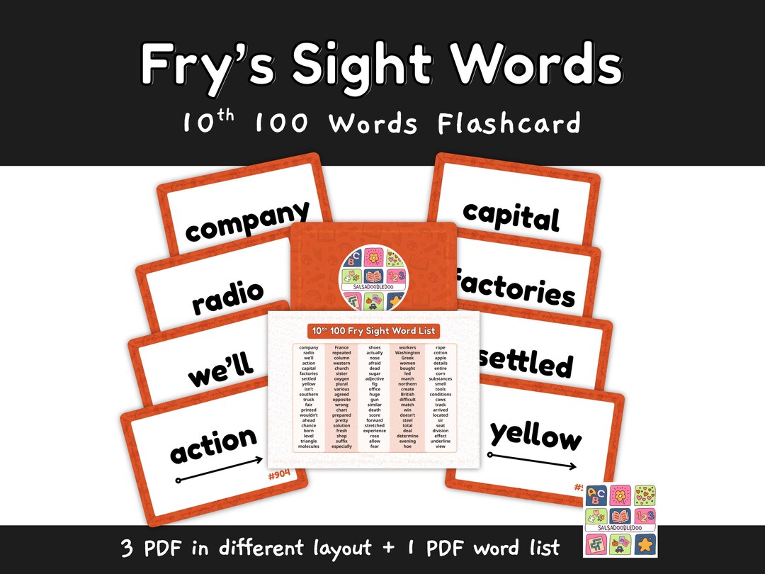 10th Hundred Fry Sight Words Flashcards Printable for Kids Learning ...