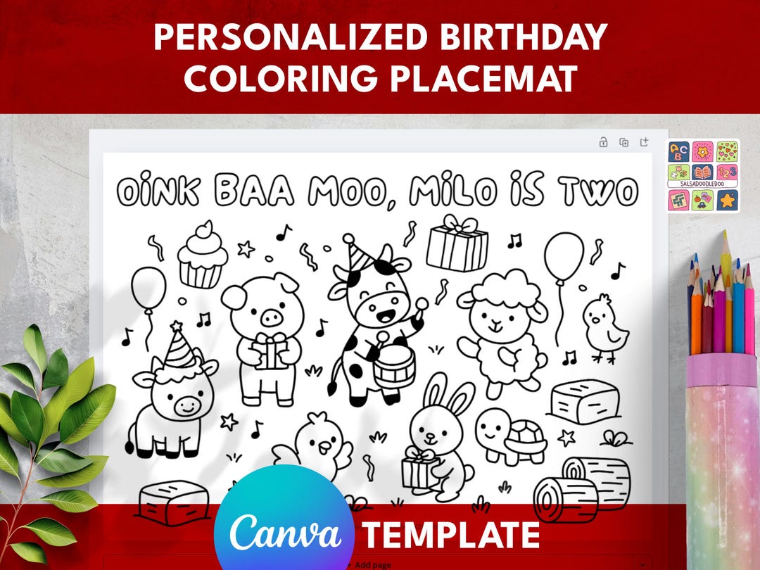 Personalized Farm Animal Birthday Coloring Placemat: Editable Canva ...