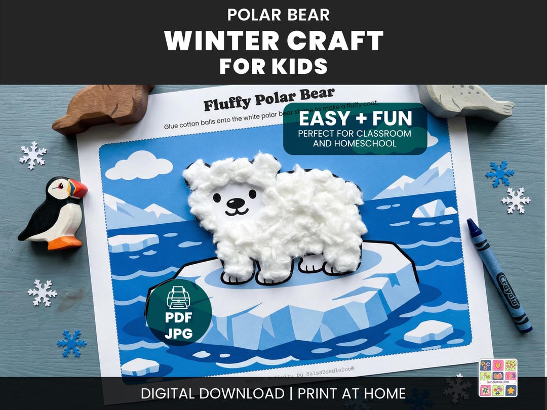 Polar Bear Craft for Kids, Printable Cotton Ball Winter Art Activity ...