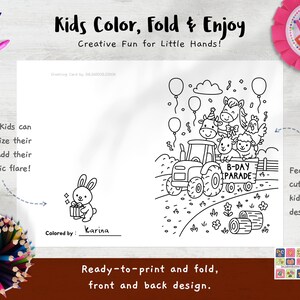 Kids DIY Barnyard Birthday Card to Color, Foldable Greeting Card With ...