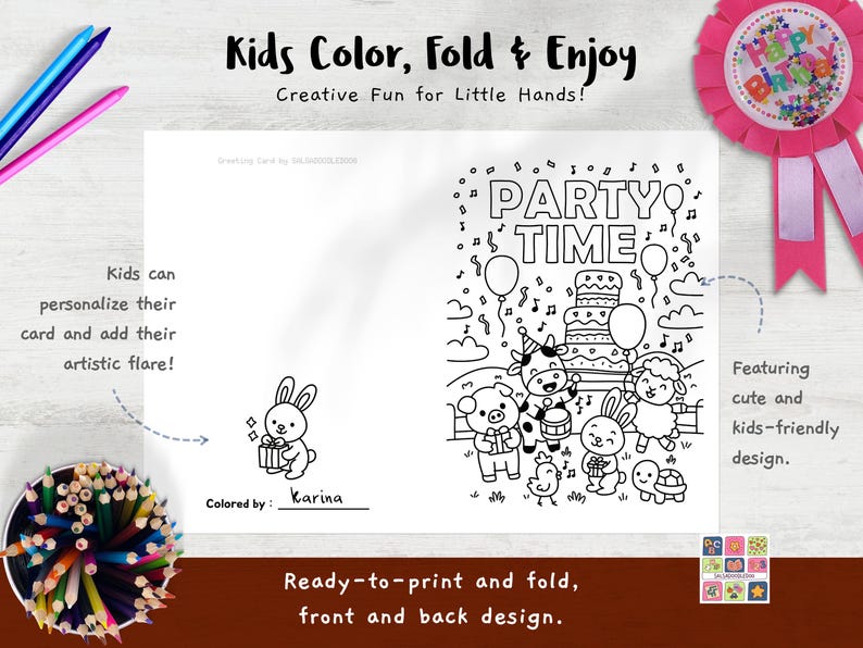 Barnyard Printable Coloring Card for Kids, Farm Animals Birthday Party ...