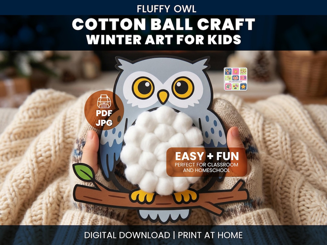 Snowy Owl Cotton Ball Craft Kit Printable Template | Winter Animal Art ...