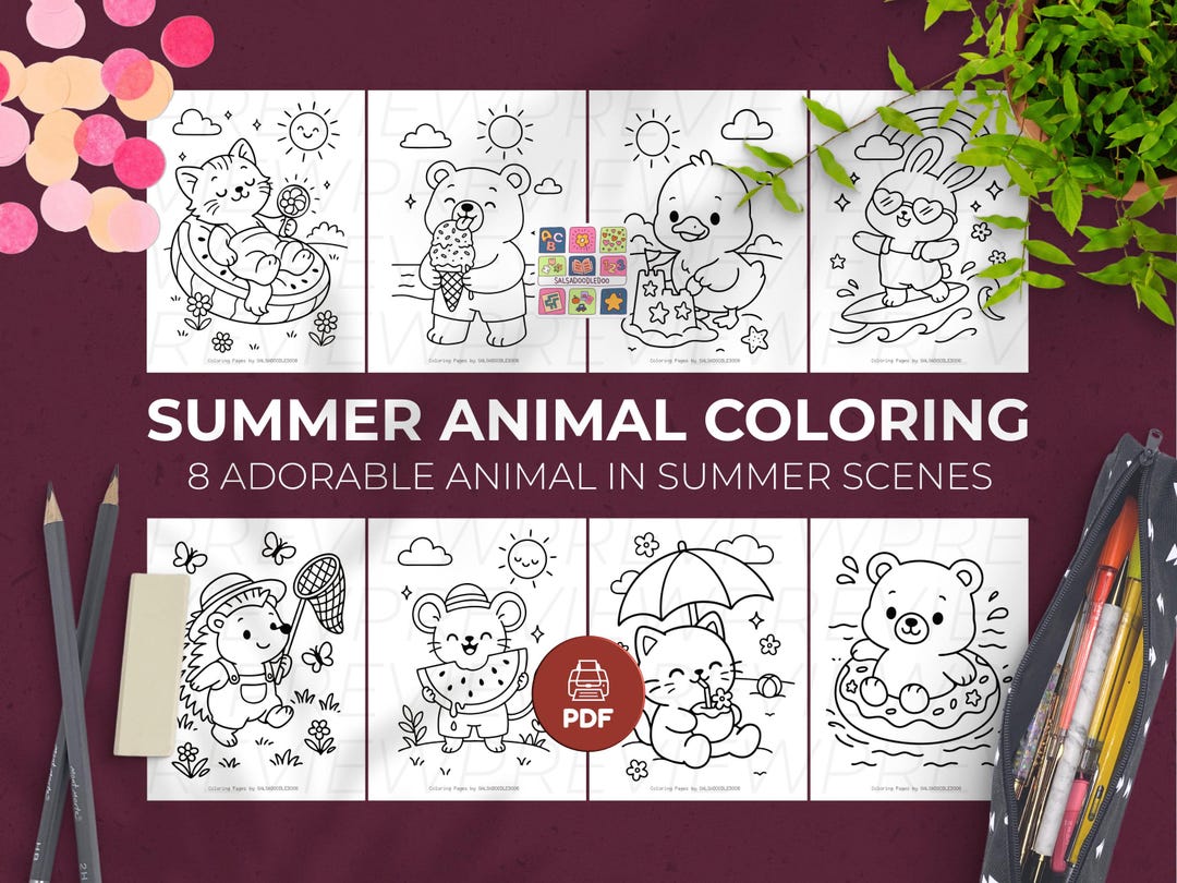 Printable Cozy Summer Animal Coloring Pages: 8 Scenes Foldable Mini ...