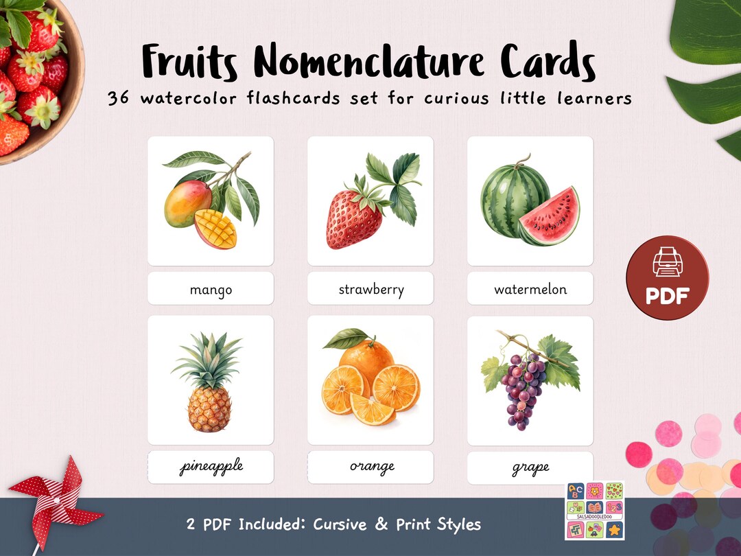 Fruits Nomenclature Flashcards Set | Montessori Botanical Watercolor ...