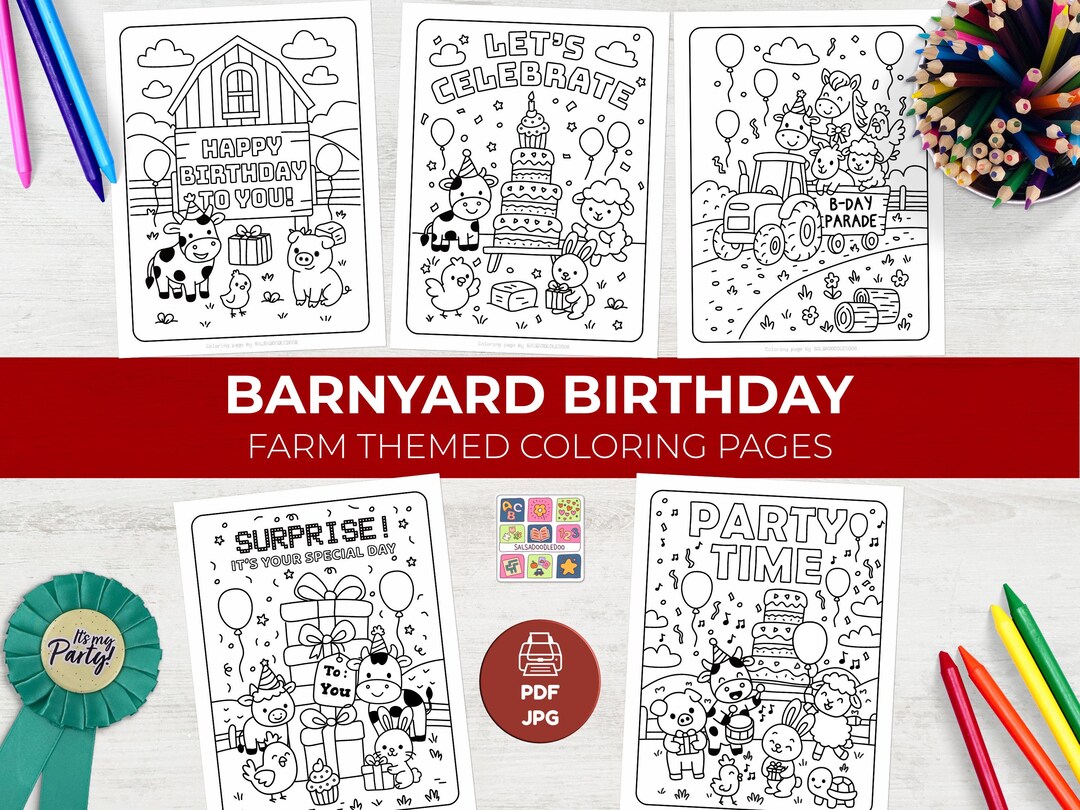 Farm Animal Birthday Coloring Pages: Kid's Party Activity (PDF + JPG ...