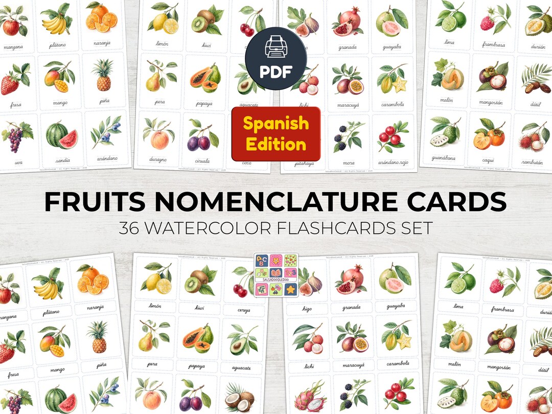 Montessori Fruits Nomenclature Flashcards Set in Spanish | Botanical ...