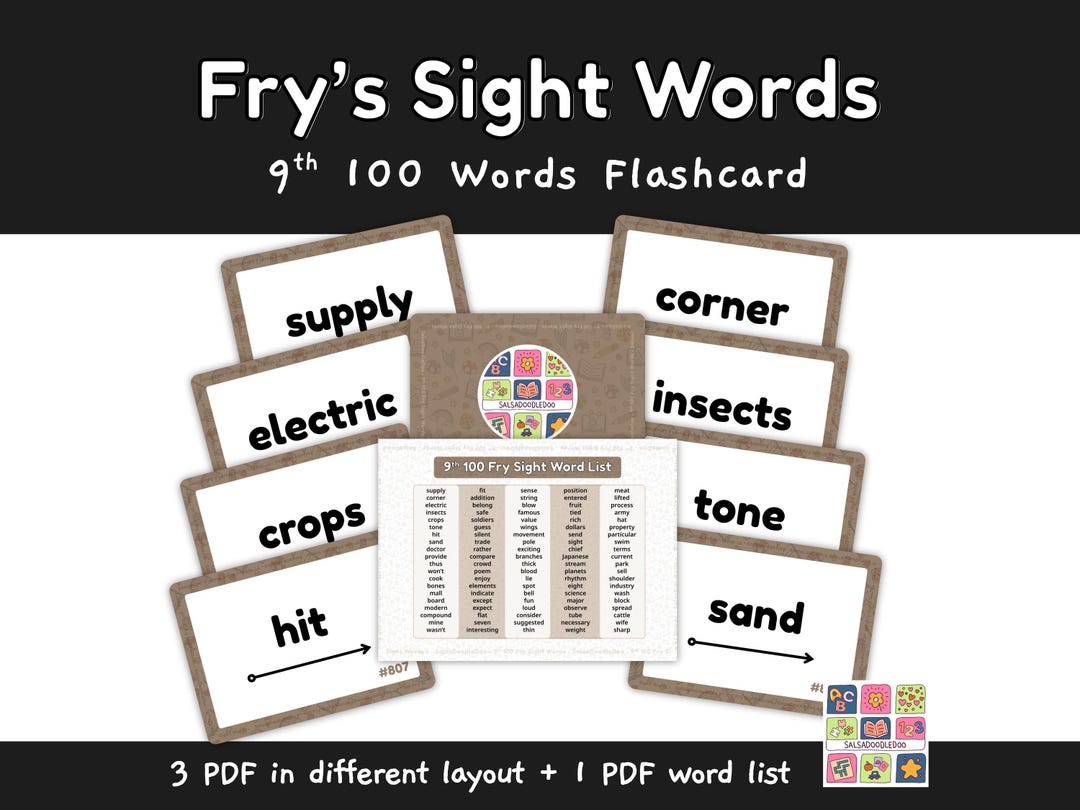 9th Hundred Fry Sight Words Flashcards | Color-coded, Numbered by ...