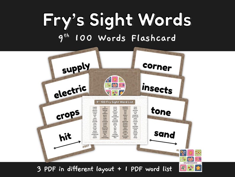 9th 100 Fry Sight Words Flashcards Printable | Learning Activity ...