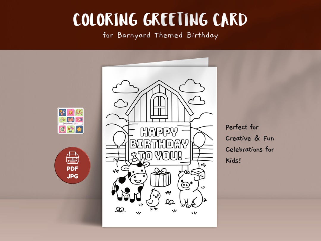 Printable Barnyard Birthday Coloring Card, Foldable Farm Animal ...