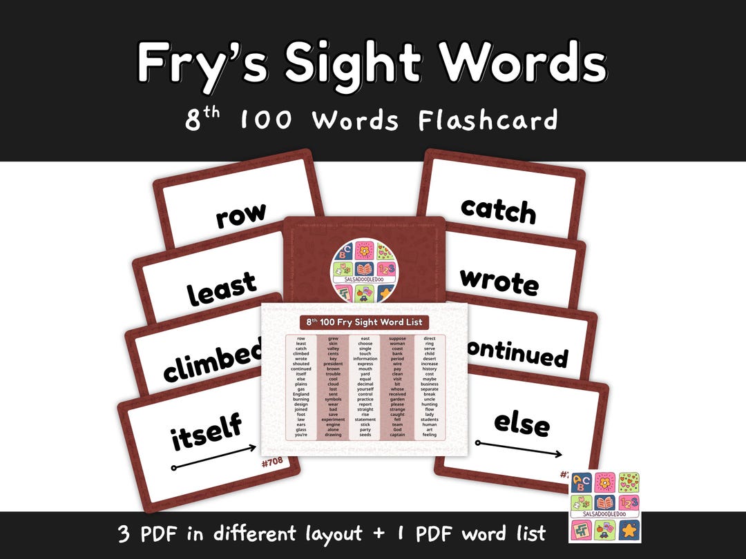 8th Hundred Fry Sight Words Flashcards | Color-coded, Numbered by ...