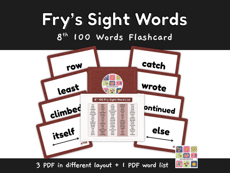 8th Hundred Fry Sight Words Flashcards | Color-coded, Numbered by ...