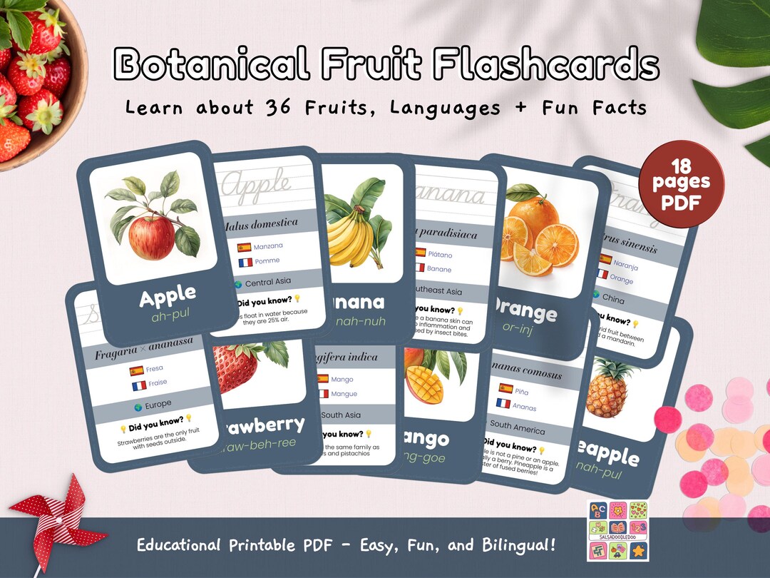 36 Fruit Facts Flashcards for Kids | Printable PDF With Bilingual ...