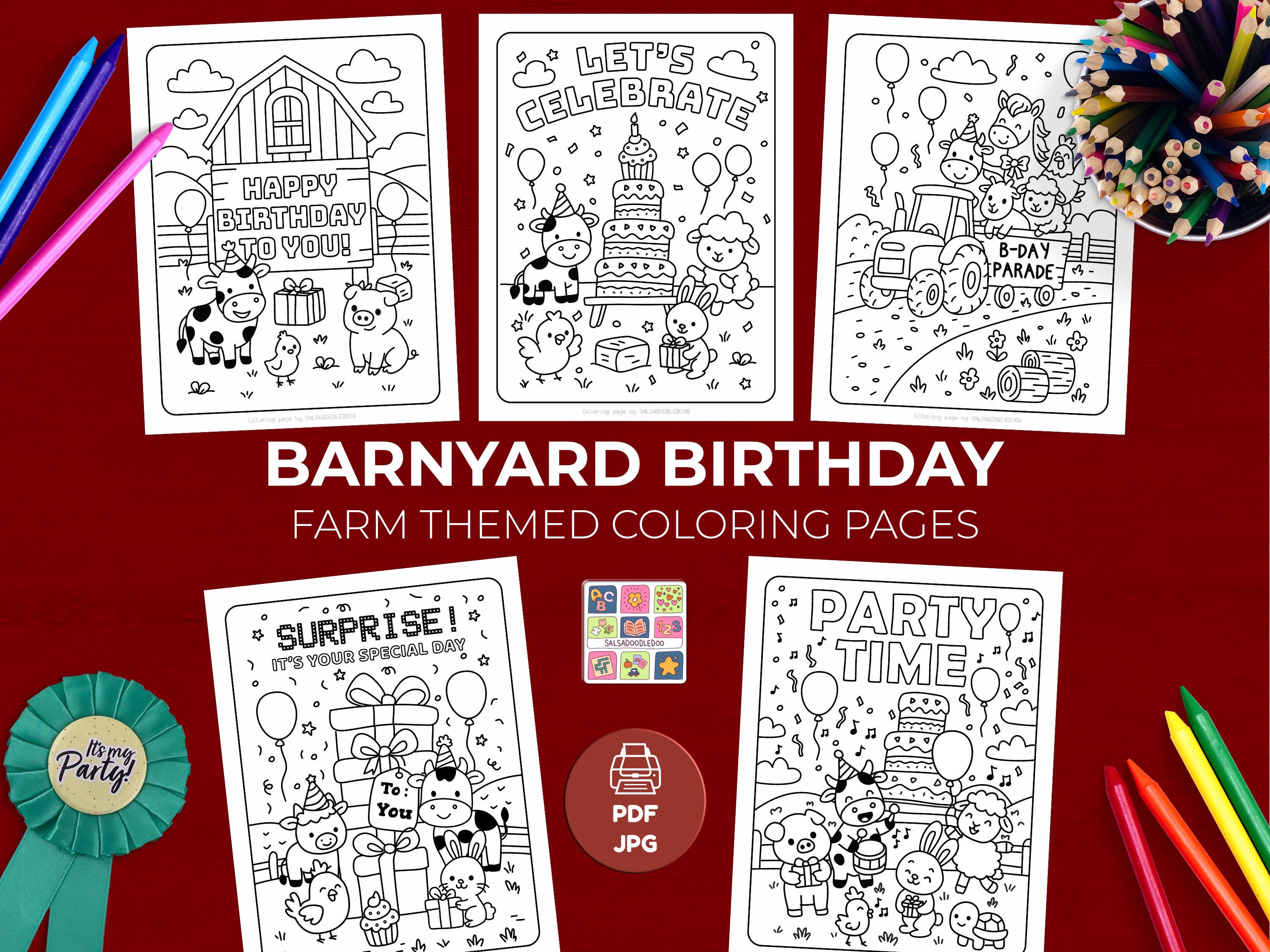 Farm Animal Birthday Coloring Pages: Kid's Party Activity (PDF + JPG ...